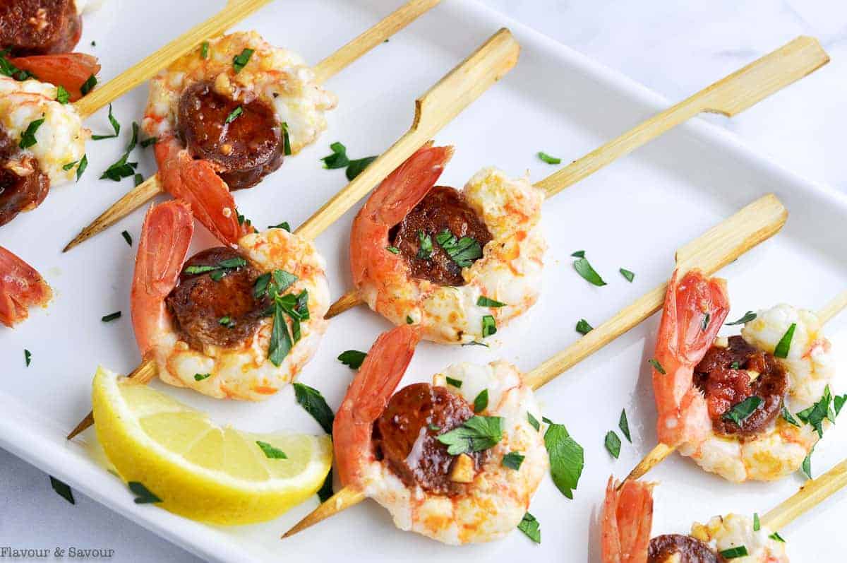 Prawn and Chorizo Skewers with Lemon Dip - Flavour and Savour