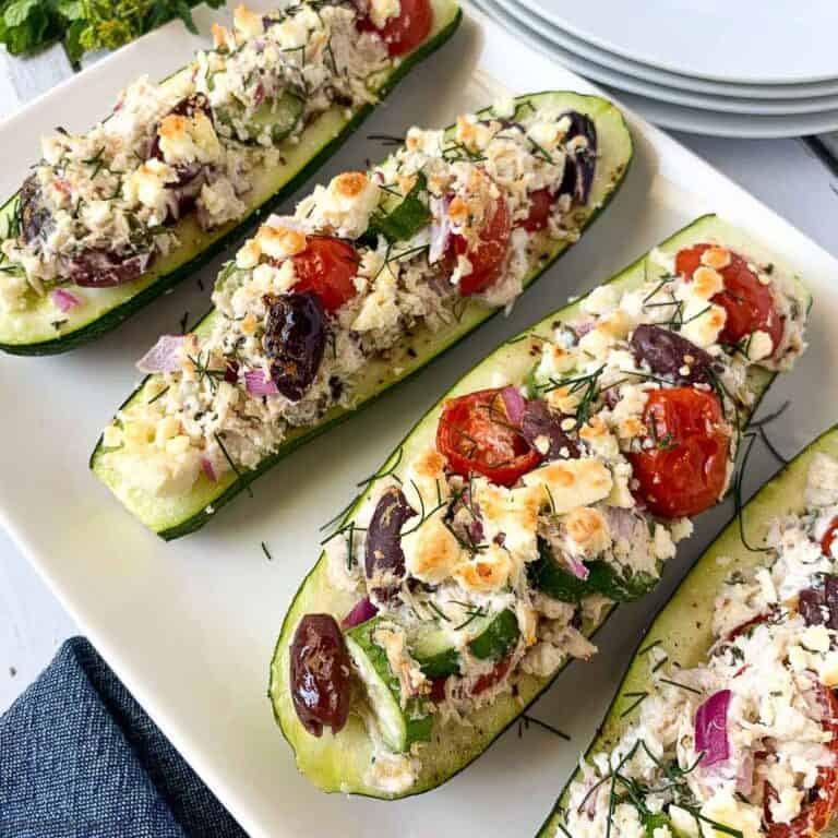 Greek Chicken Stuffed Zucchini Boats - Flavour and Savour